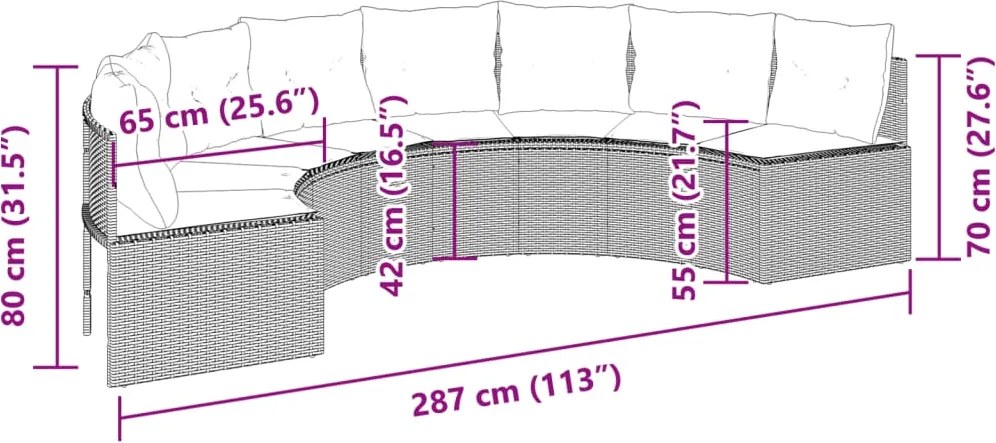 Zahradní pohovka s poduškami půlkruhová černá polyratan 3318522