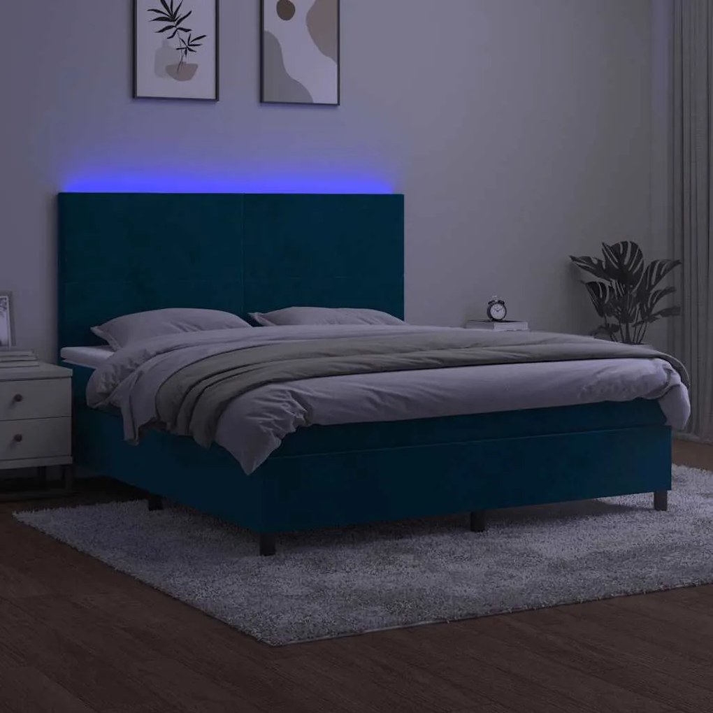 Box spring postel s matrací a LED tmavě modrá 160x200 cm samet 3136015