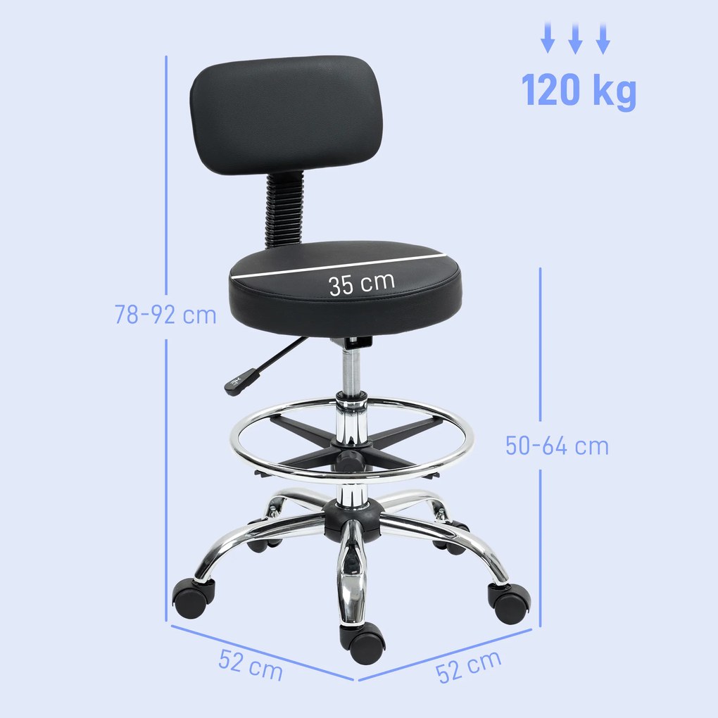 HOMCOM Ergonomická kancelářská židle s nastavitelným nožním kroužkem, bez područek, výškově nastavitelná otočná židle v černé PU kůži