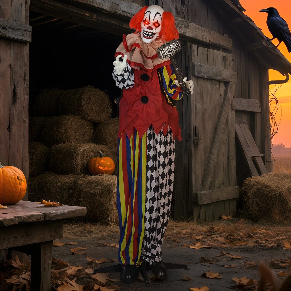 Outsunny Hrůzostrašný klaun, animatronika na Halloween, 173 cm, svítící oči, aktivace zvukem, pohyblivé paže a hlava, na baterie, plast, kov, červená