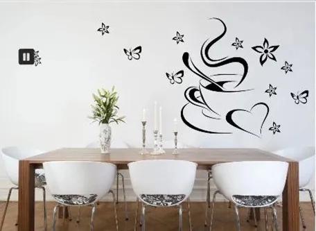 Kuchyňská samolepka na zeď šálek kávy se srdcem a motýly 60 x 120 cm