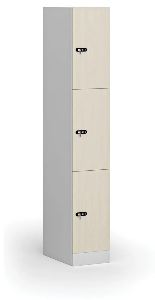 Šatní skříňka s úložnými boxy, 3 boxy, 1850 x 300 x 500 mm, mechanický kódový zámek, laminované dveře, buk