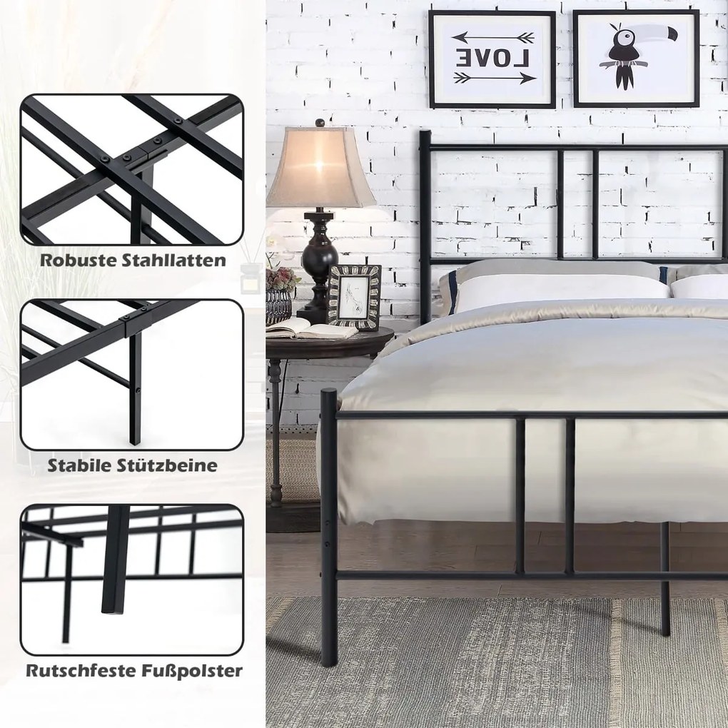 Costway Kovový rám postele Rám s čelem a podnožkou – 200 × 160 cm, černý