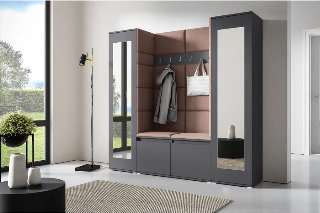 Eka Předsíňová stěna s čalouněnými panely Trinity 31 - Grafit / Světlá hnědá 2306