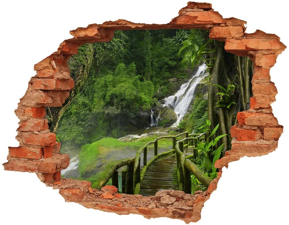Wallmuralia Díra 3D ve zdi na stěnu Vodopád v pralese 90x70 cm