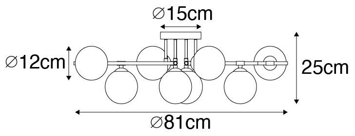 Stropní lampa černá se zlatem a opálovým sklem 8-světlo - Lynn