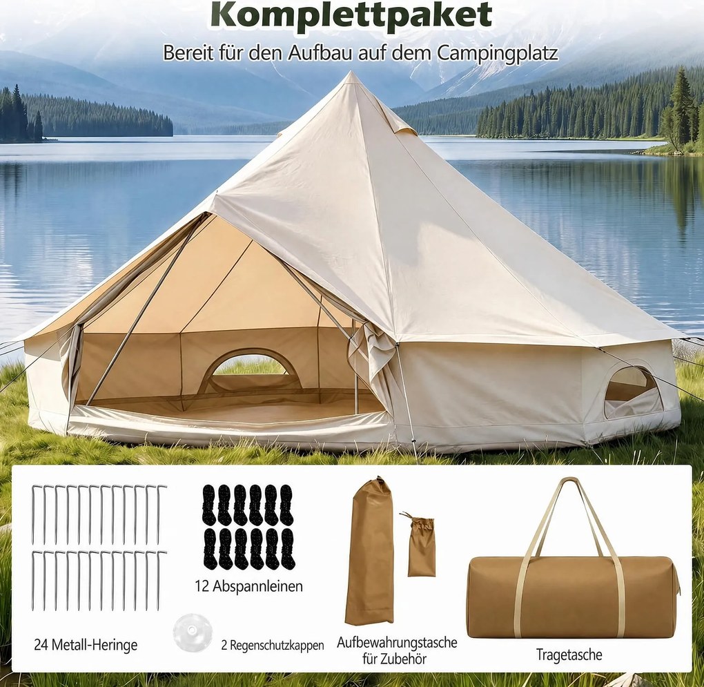 Costway Nepromokavý zvonový stan s otvorem pro kamna, 510 cm, béžový