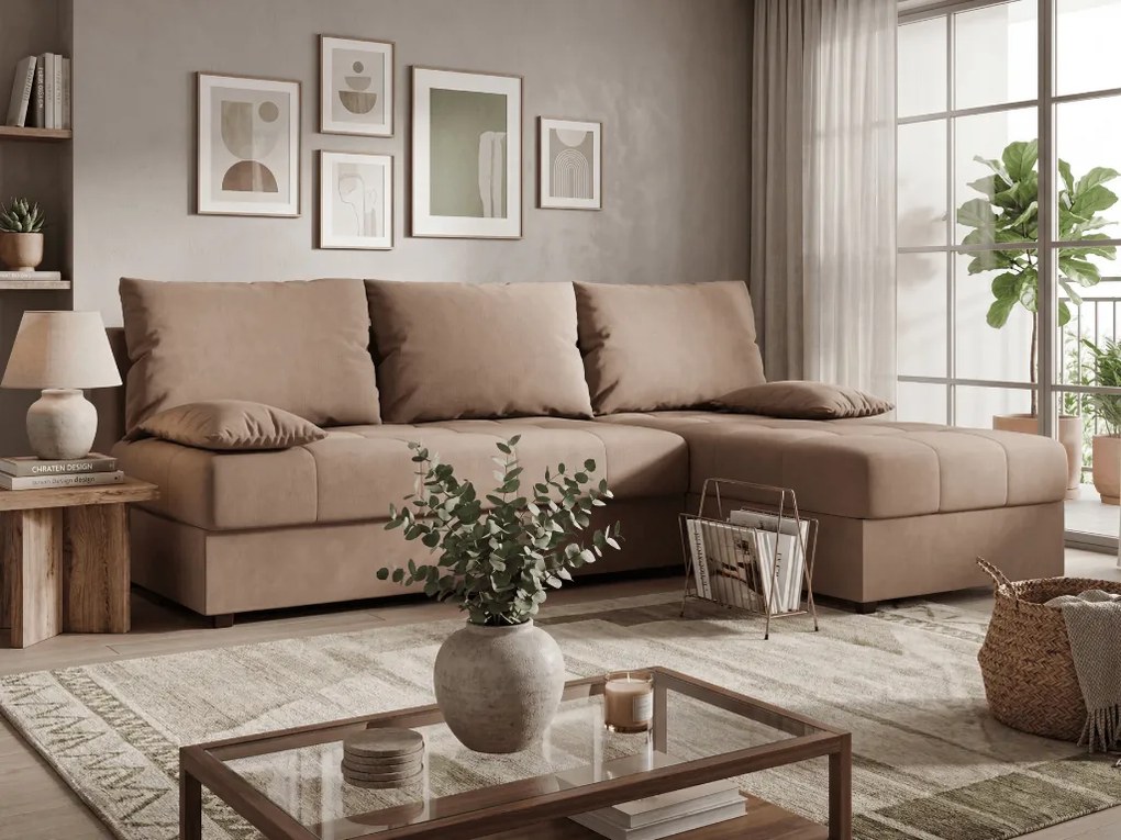 Rozkládací oboustranná sedací souprava do L VENORIA SLIM 200x143 cm, béžová + 2 polštářky ZDARMA