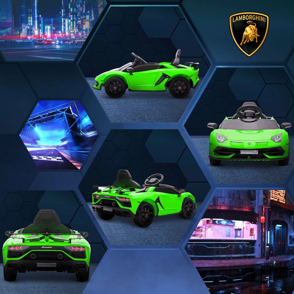 HOMCOM Dětské elektrické auto, Lamborghini Aventador SVJ, 12V s křídly, LED dálkovým ovládáním, hudbou, USB, rychlostí 3-5 km/h, zelené