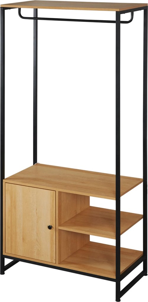 HOMCOM Stojan na oblečení se stylem průmyslového designu, skříň s vnitřní policí a 2 otevřenými bočními kompartmány, 80x40x180cm, přírodní