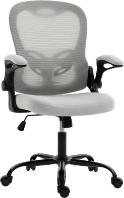 HOMCOM ergonomická kancelářská židle, síťové kancelářské křeslo, sklápěcí područky, výškově nastavitelné, houpací funkce, šedá