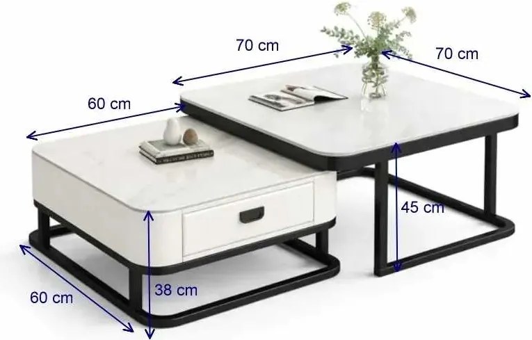 LuxuryForm DESIGN Konferenční stolek ARAGON 70 × 70 / 60 × 60 cm – bílý / bílý mramor + sklo (set 2 ks)