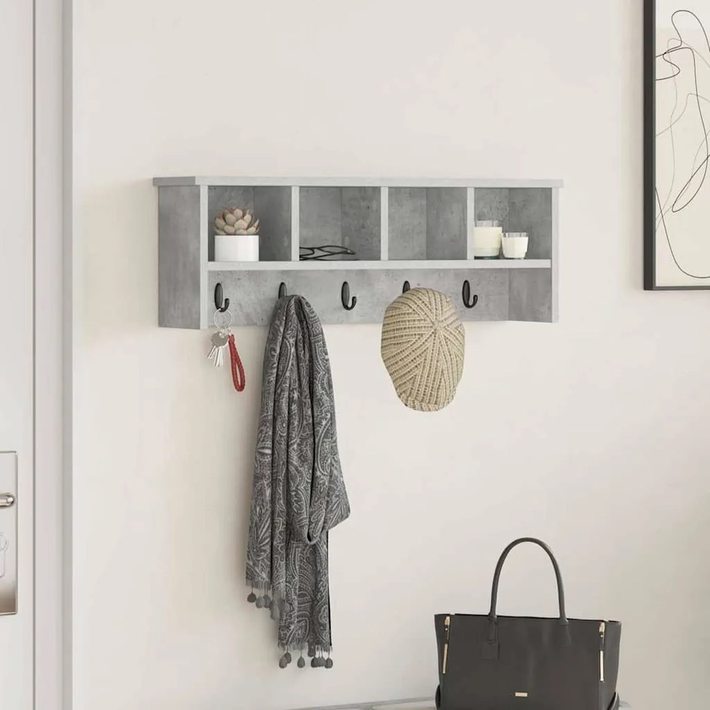 věšák, nástěnný, 4 poličky, háčky, kompozitní dřevo, 26x75x16 cm, beton šedá, Dekorino TK20260021
