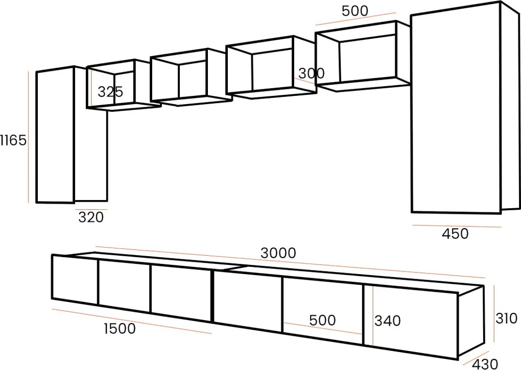GAB Obývací stěna LORONA 35, Černá/Dub Artisan 300 cm