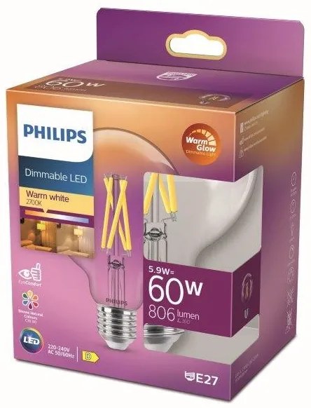 Philips 8719514323957 led filamentová žárovka 5,9w/60w | e27 | 806lm | 2200-2700k | g93 - stmívatelná, warmglow