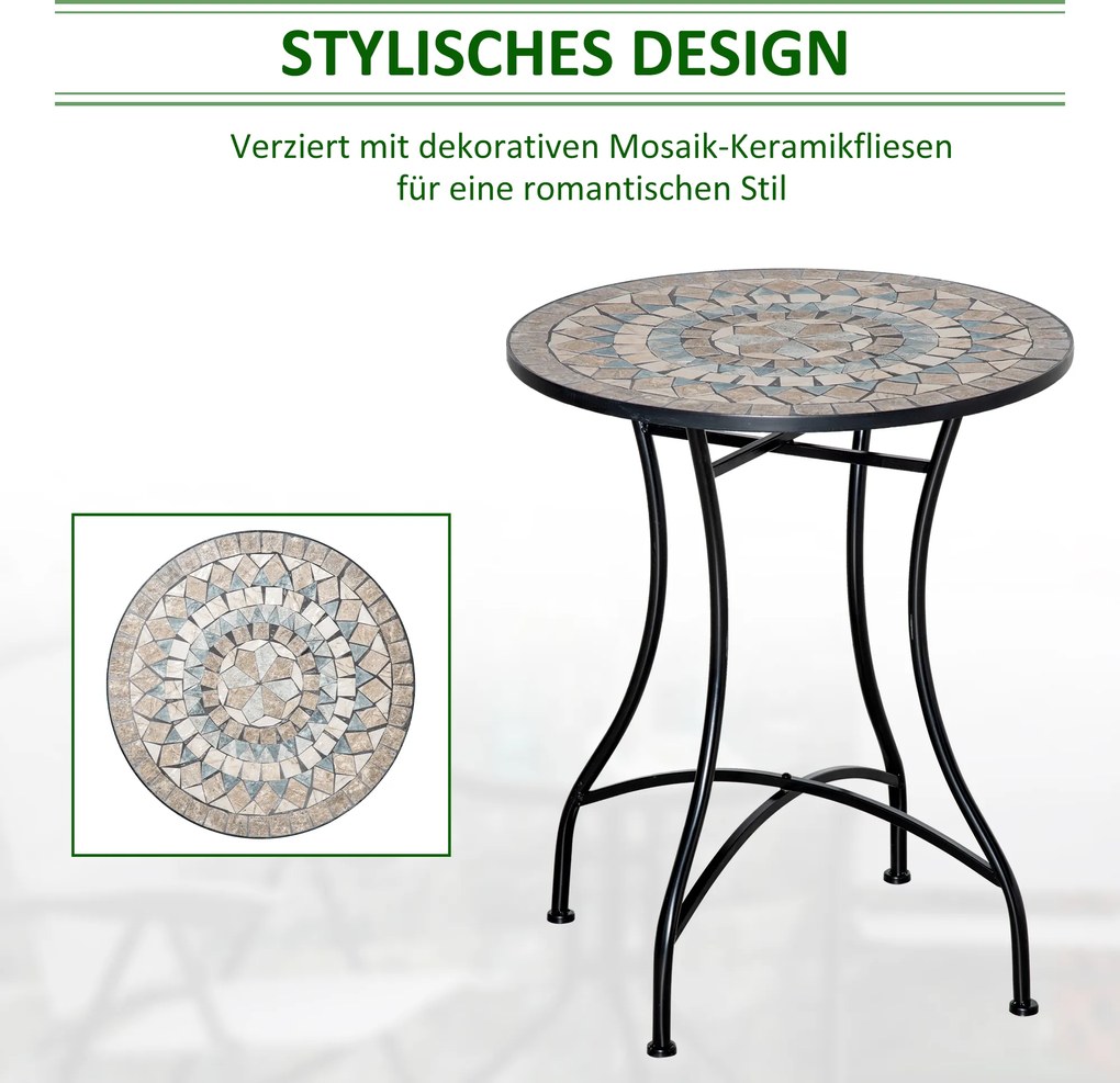 Zahradní stůl mozaikový stůl kulatý bistro stůl boční stůl s mozaikovou deskou keramický kov zelený+béžový+bílý Ø60 cm