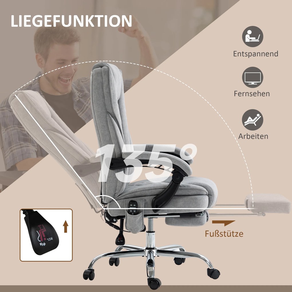 Vinsetto kancelářská židle s vibrační masáží, ergonomická kancelářská židle s funkcí sklápění a vytápěním, nastavitelná otočná židle s opěrkou na noh…