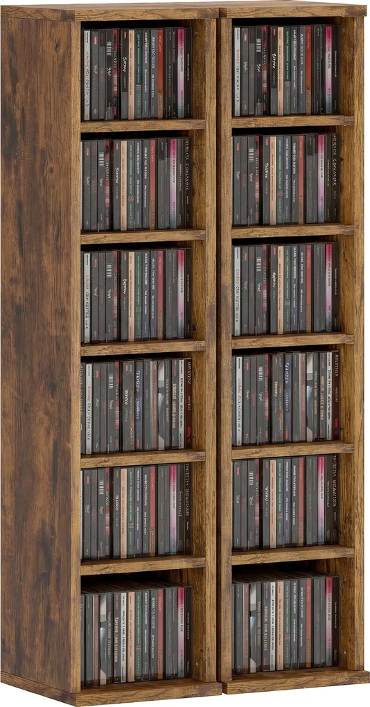 HOMCOM 2ks sada CD a DVD regálů s 12 přihrádkami, nastavitelnými policemi, 21x22,5x88,5 cm, rustikální hnědá