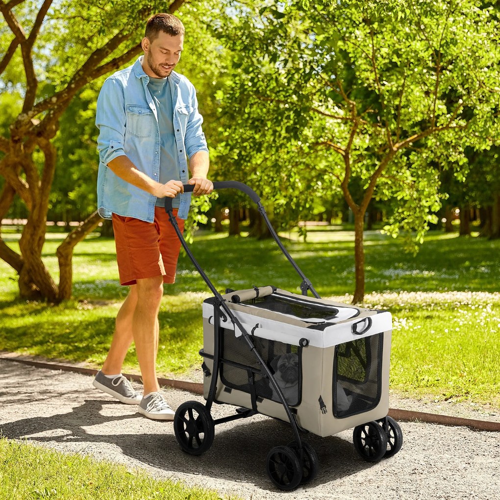 PawHut Kočárek pro psy Pet buggy Kočárek pro psy, skládací, odnímatelný košík, 81 x 58 x 97,5 cm, černá+khaki+bílá