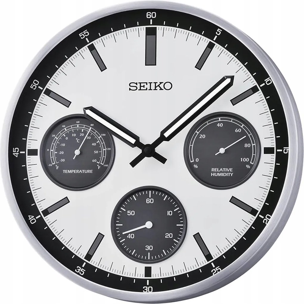 Japonské Hliníkové Hodiny Seiko QXA823S S Teploměrem A Vlhkoměrem 33 cm