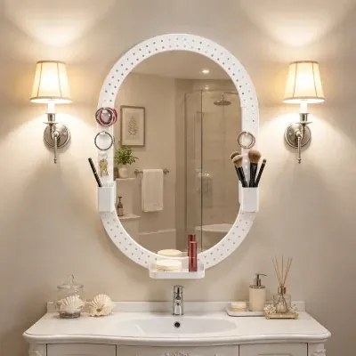 HOMCOM Zrcadlo na zeď s perforovanou deskou, dekorační zrcadlo 90x60 cm do obývacího pokoje, ložnice, bílé