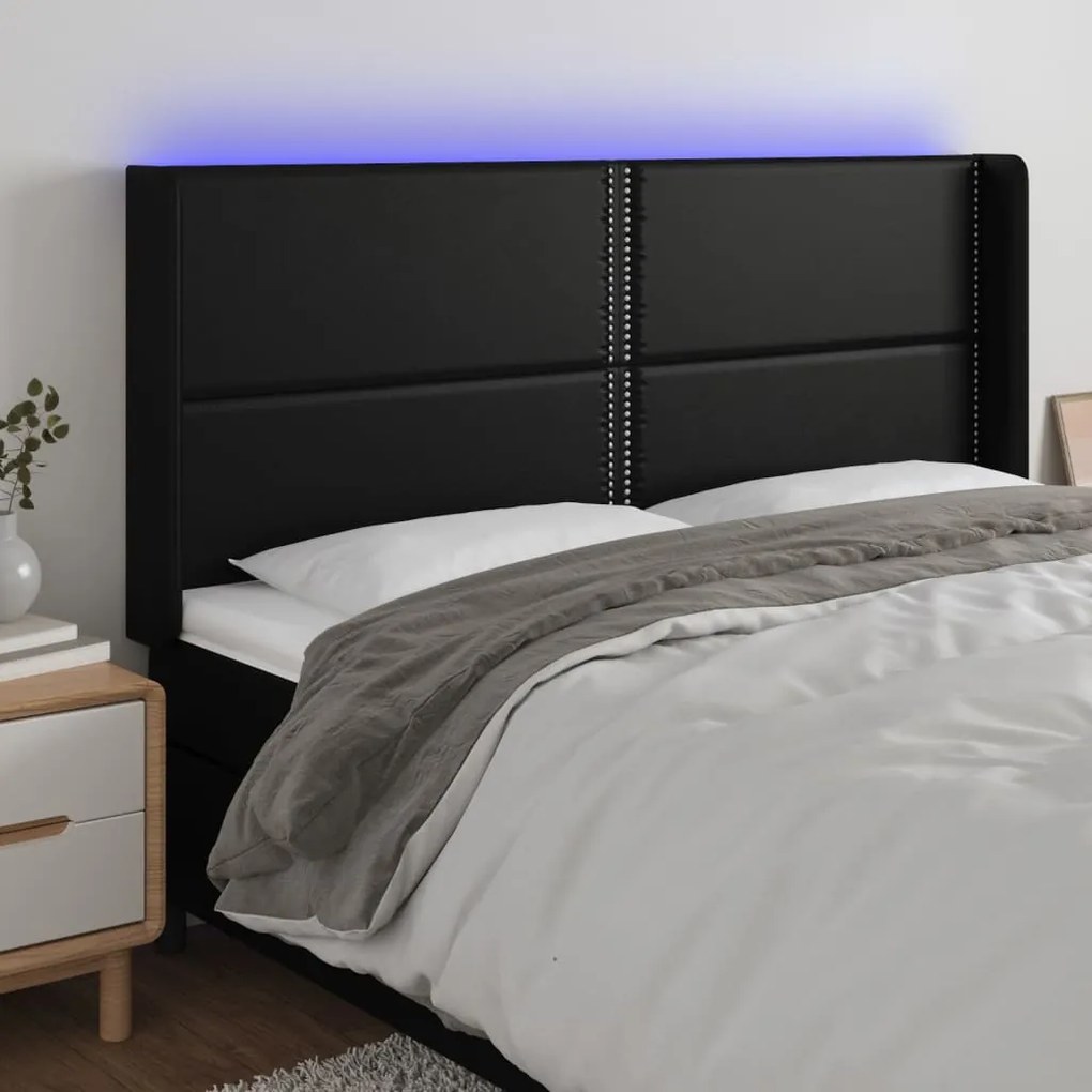 Čelo postele s LED černé 183 x 16 x 118/128 cm umělá kůže
