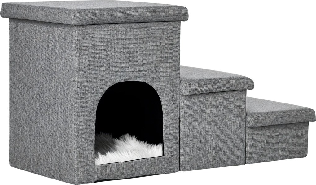 PawHut Psí Schody 3 Kroků Výška 40,5 cm Štěrbinové Schody s Úložným Prostorem a Polštářem pro Kočky pro Malé Psy Psí Rampy s Pratelným Povlakem pro P…