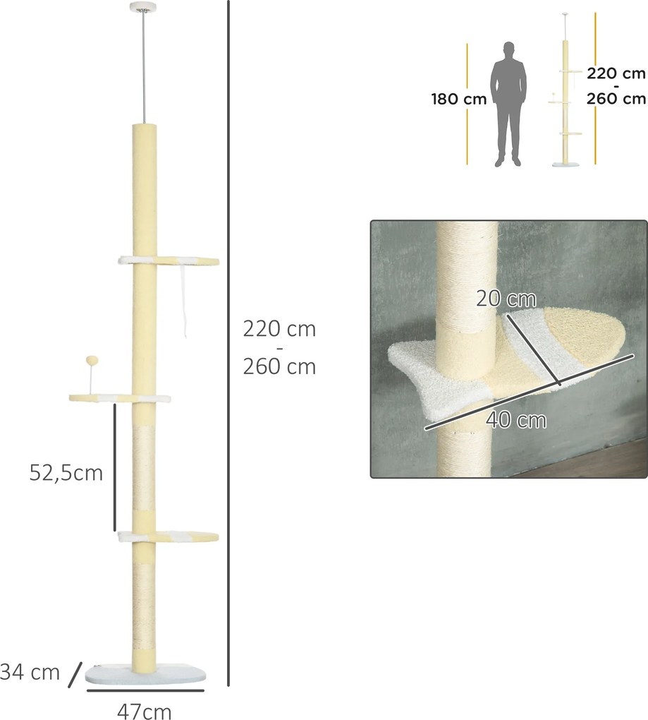 PawHut škrabadlo, kočičí škrabadlo stropní vysoké, 220-260 cm, šplhací strom s míčem na hraní, výškově nastavitelný kočičí strom, strom na hraní s oc…