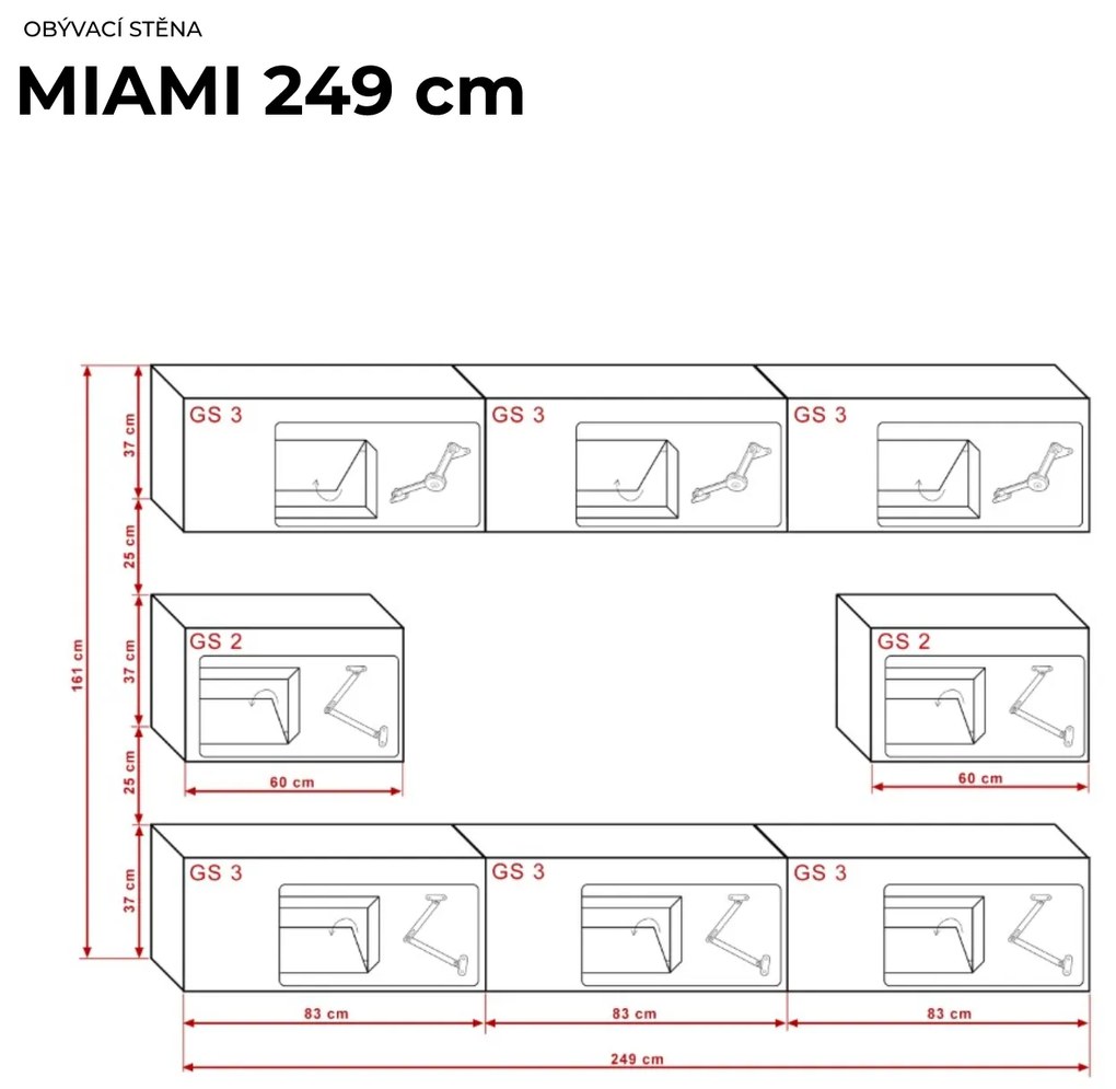 Ral Obývací stěna MIAMI 1, 249 cm - Černo / Bílý lesk