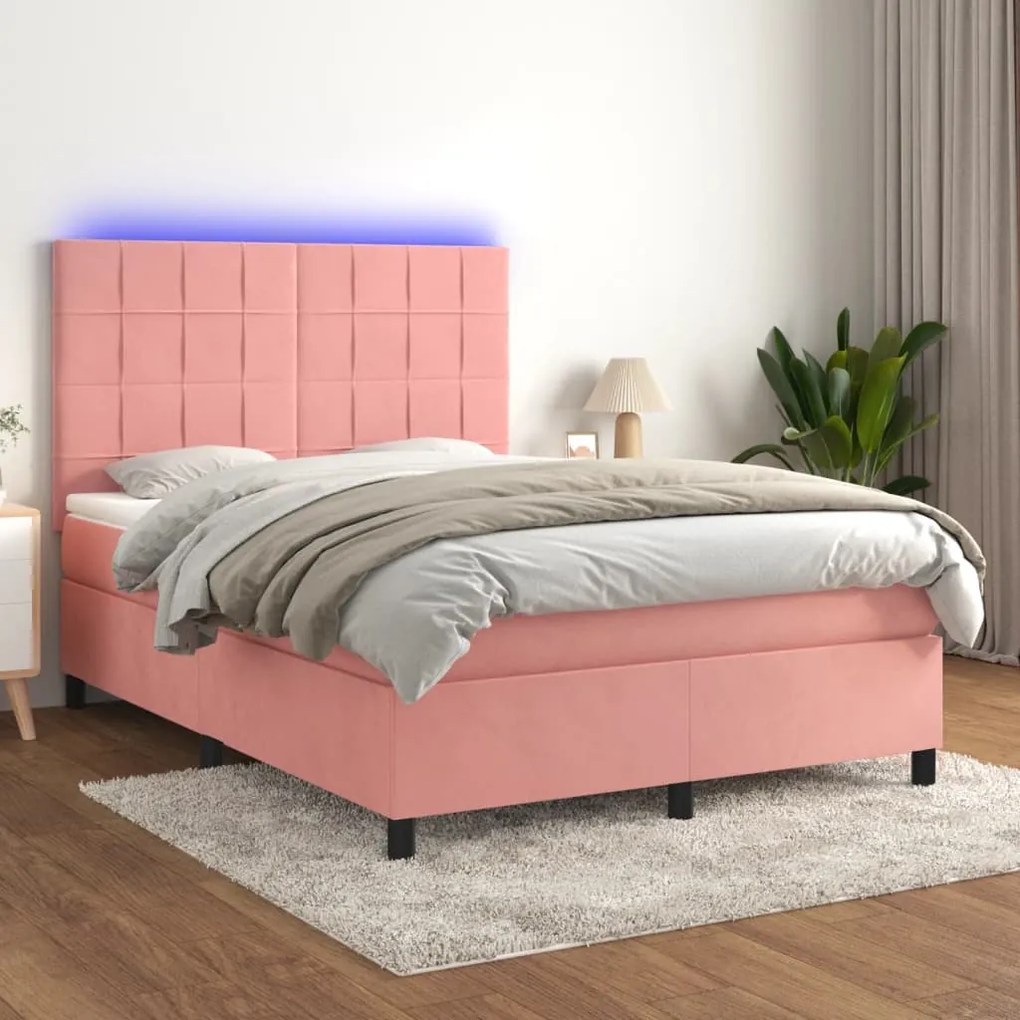 Box spring postel s matrací a LED růžová 140x200 cm samet