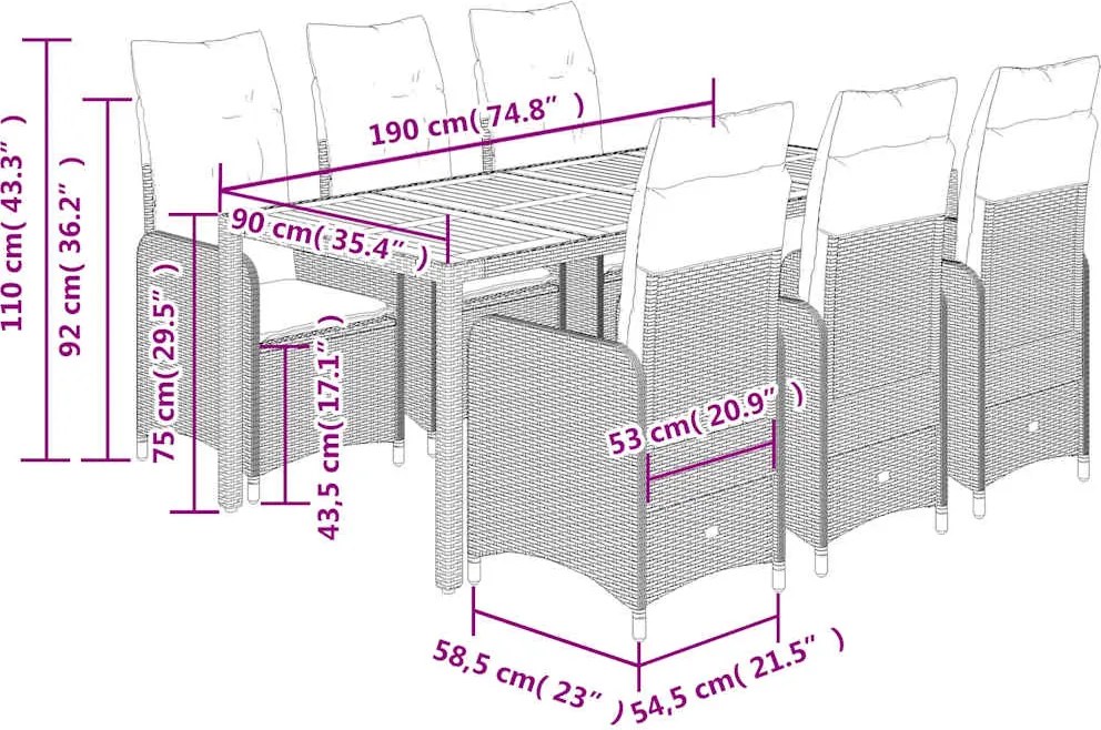 7dílný zahradní bistro set s poduškami šedý polyratan 3277025