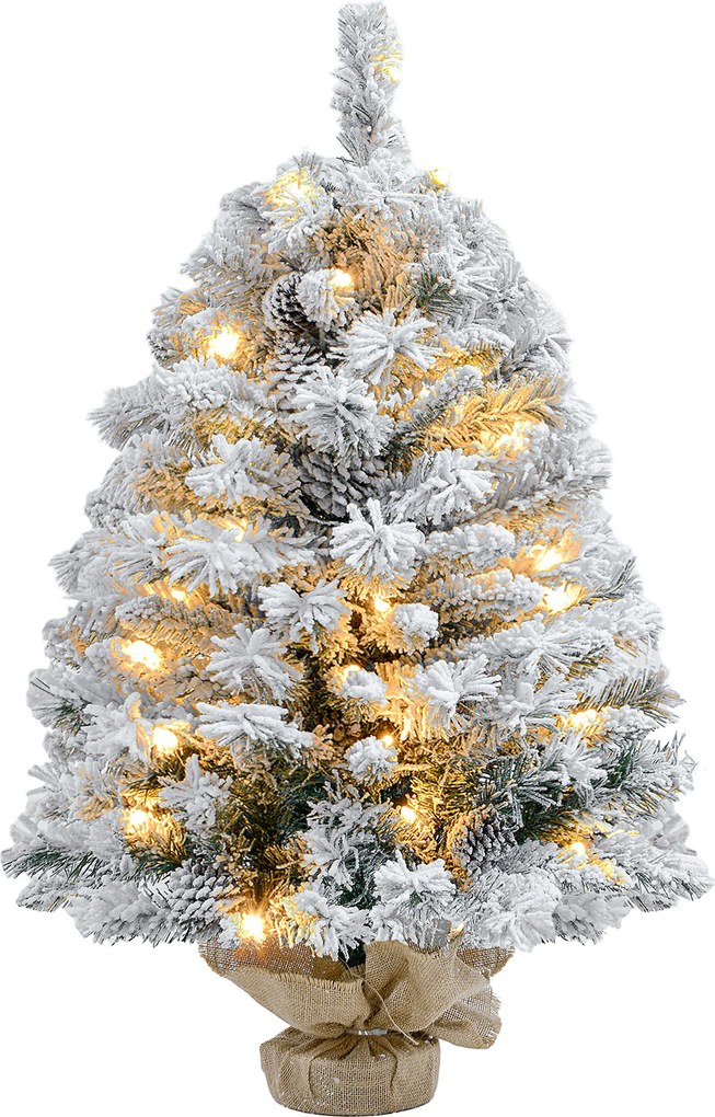 HOMCOM Vánoční stromek 92 cm, LED světla, zasněžené větvičky, šišky, nehořlavý, betonový stojan