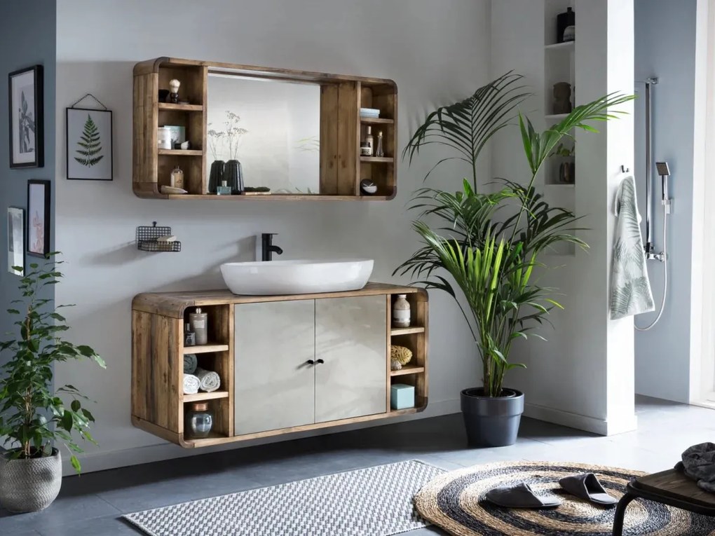 furniture-nabytek.cz - Masivní koupelnové zrcadlo Dingora II z recyklované borovice, lakované, přírodní – 130×60 cm