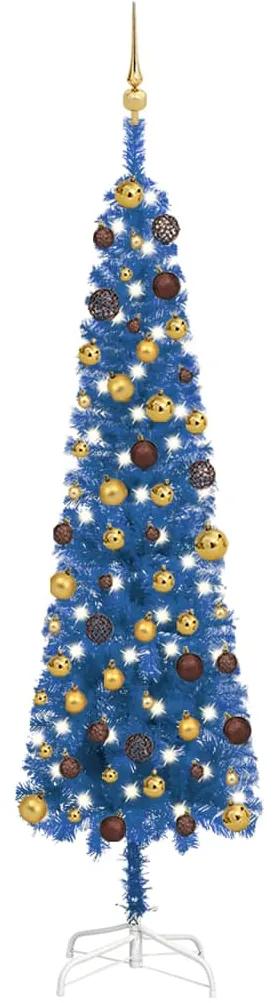 3078036 vidaXL Úzký vánoční stromek s LED diodami a sadou koulí modrý 180 cm