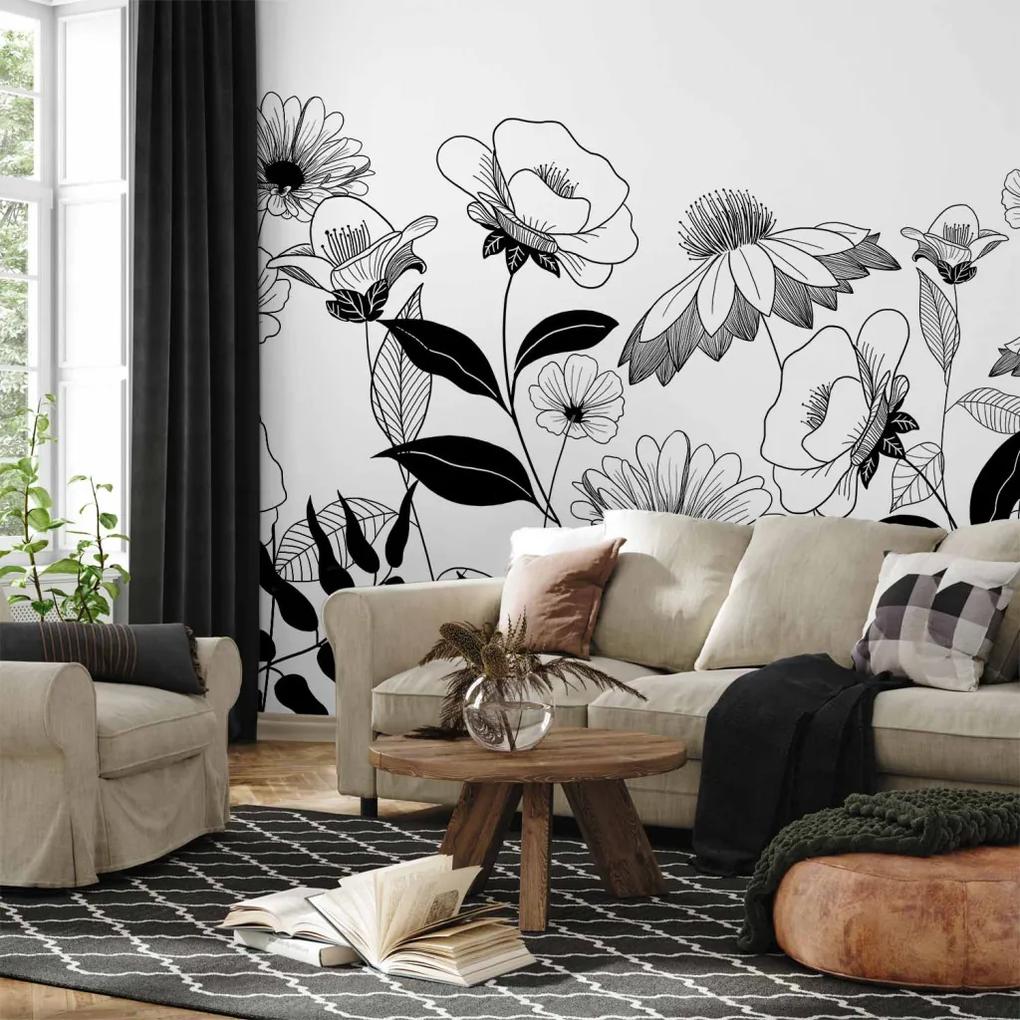 Fototapeta Kreslené květiny - rostlinný motiv s černými květy na bílém pozadí