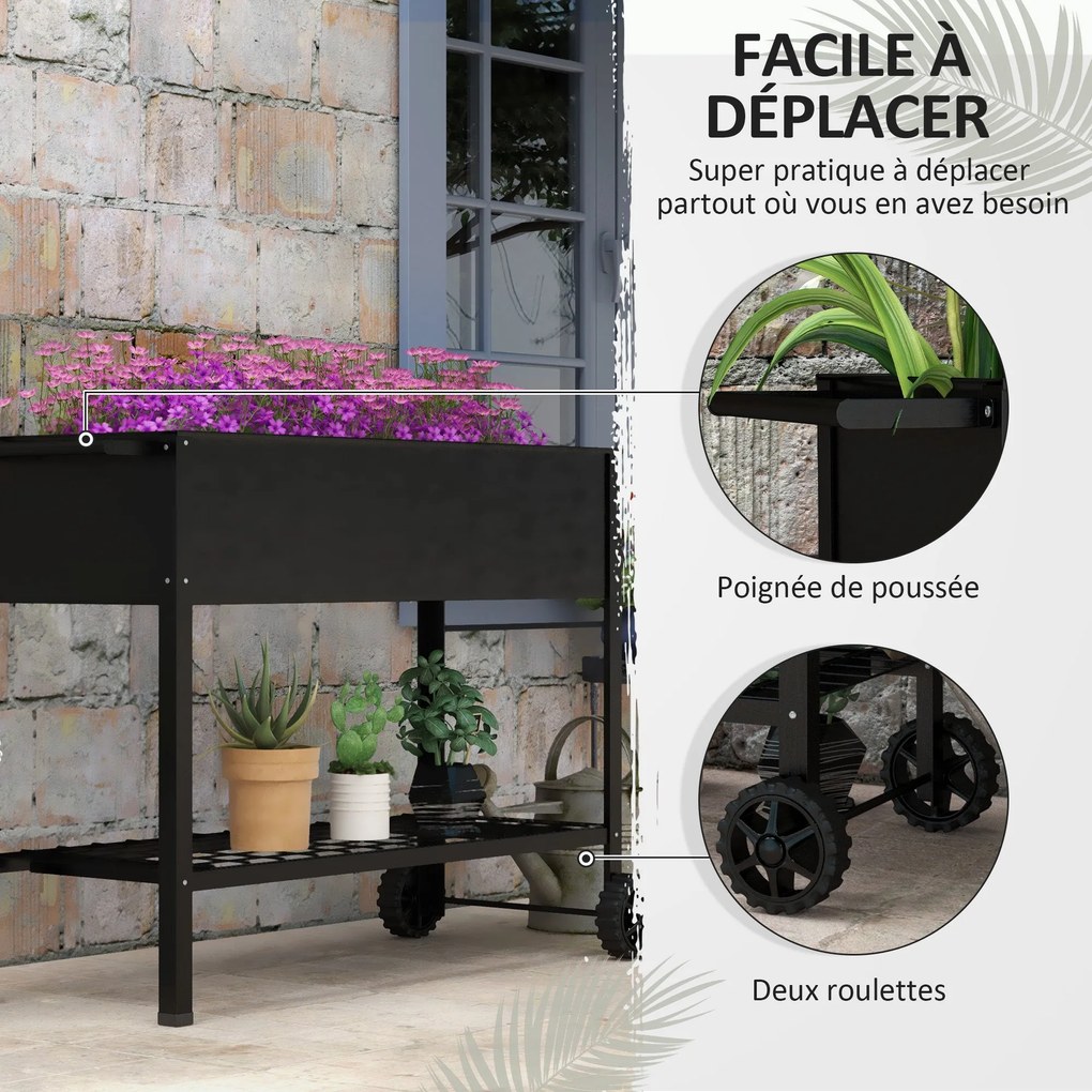 Metalová pěstební miska Outsunny se stojanem a policí 104L x 39Š x 80V cm 2 kola + zavlažovací vložka Černá