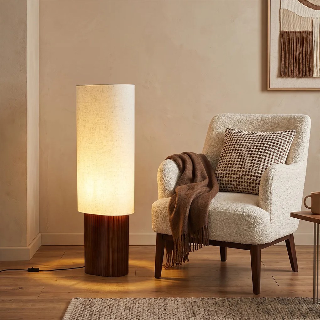 Japandi stojací lampa z ořechového dřeva s látkovým stínidlem 90 cm - Lamel