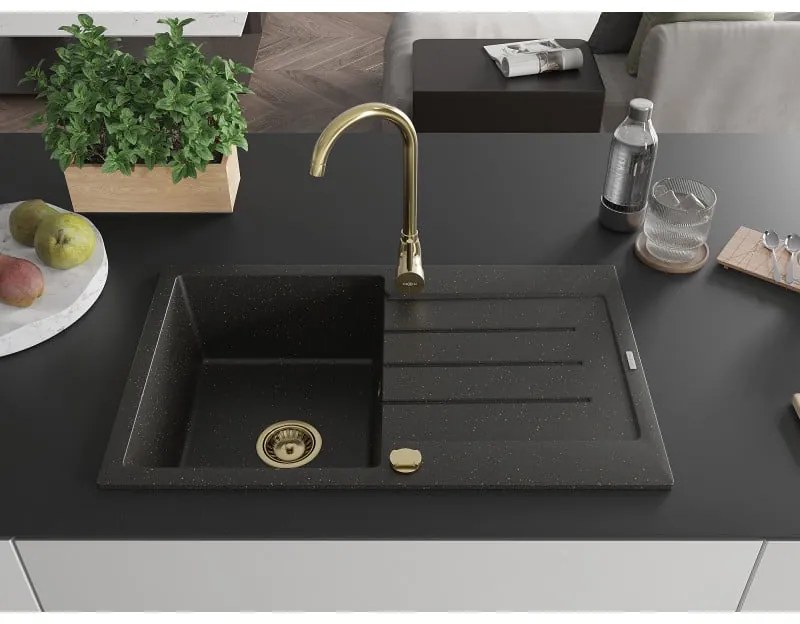 Mexen Bruno, granitový dřez 795x495x200 mm, 1-komorový, černá se zlatou metalízou a zlatým sifonem, 6513791010-75-G