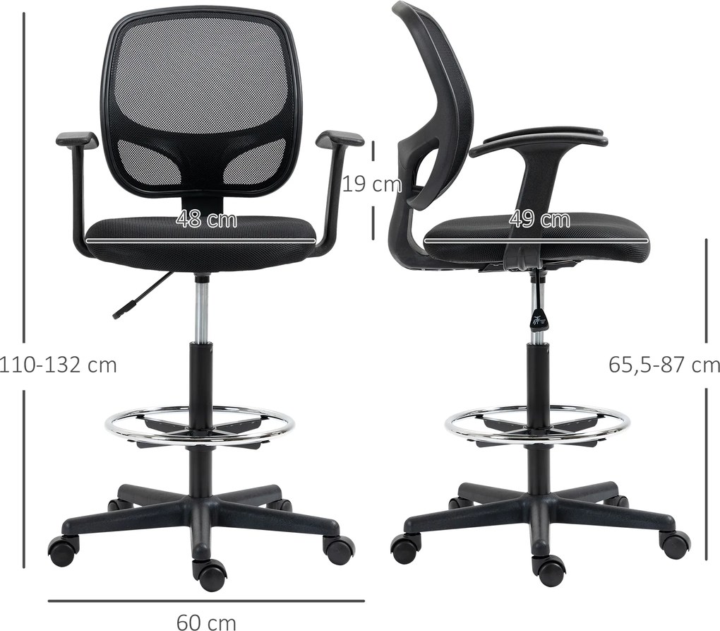 Ergonomická kancelářská židle Vinsetto kancelářská židle, otočná židle, kreslící židle, nastavitelný kroužek na nohy, do 120 kg, černá, 60x56x110-132…