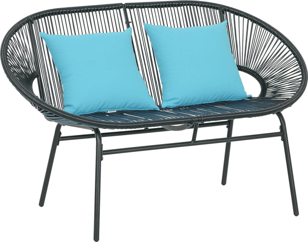 Outsunny zahradní lavička pro 2 osoby ve stylu ocel a umělý ratan s 2 polstry - rozměry 132D x 72Š x 83V cm - černá