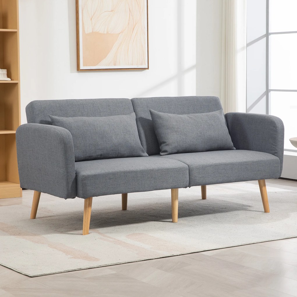 HOMCOM 3místná pohovka s funkcí spaní, 170x83x80cm, s 3stupňovým nastavením opěradla a nohou, vlnité pružiny, přehozové polštáře, vzhled lnu, šedá| A…