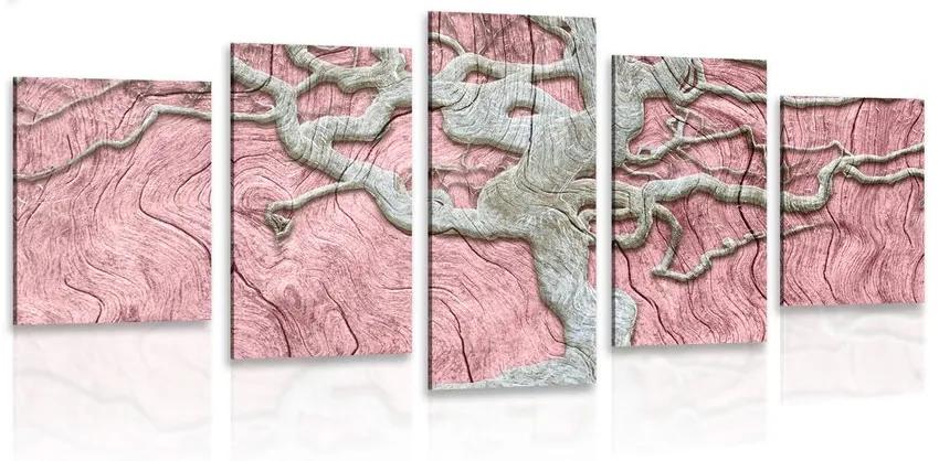 5-dílný obraz abstraktní strom na dřevě s růžovým kontrastem Varianta: 100x50