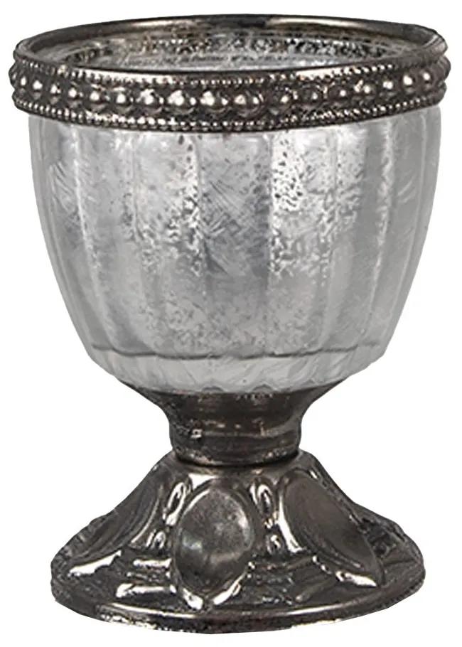 Stříbrno-šedý skleněný svícen na noze na čajovou svíčku - Ø 6*8 cm