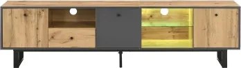 Aosom Lowboard TV skříňka s LED osvětlením, skleněnými přepážkami a panty s pufrem v moderním designu, dřevěná barva