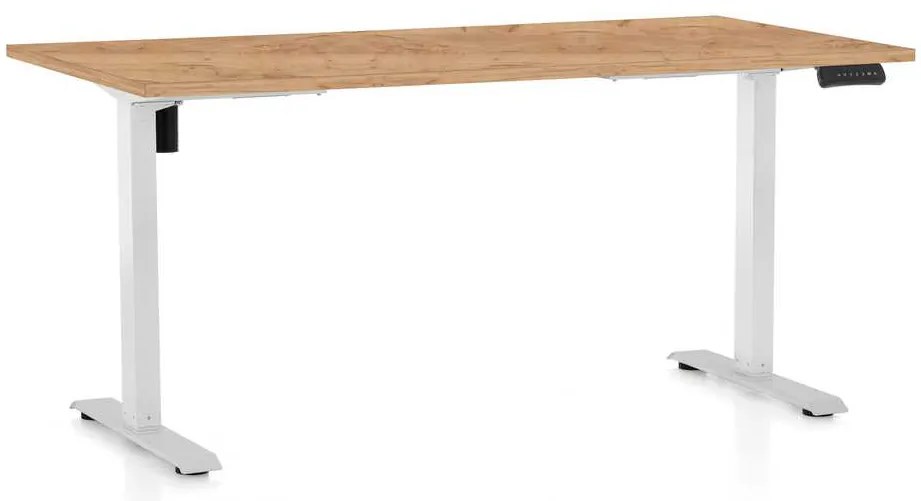 Výškově nastavitelný stůl OfficeTech B, 160 x 80 cm, bílá podnož, dub kraft