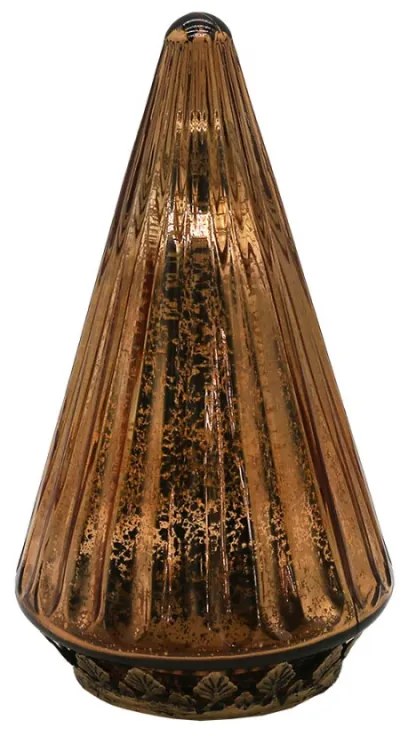 Měděná skleněná vánoční dekorace s LED světlem vánoční stromeček s vlnitým povrchem Annuska – 11x19 cm