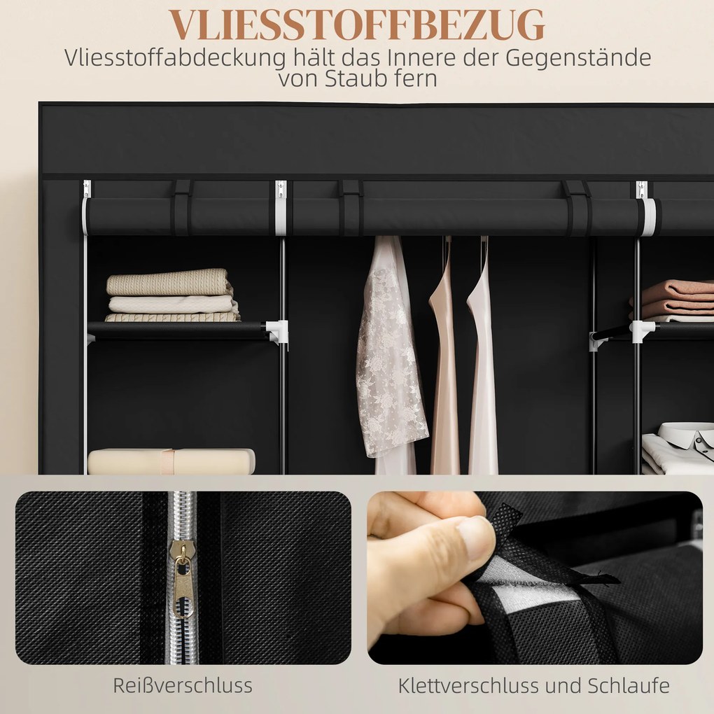 HOMCOM Látková šatní skříň na zip, 1 tyč na šaty, 10 polic, 150x43x162,5cm, netkaná textilie, prostorově úsporná a robustní | Aosom.de