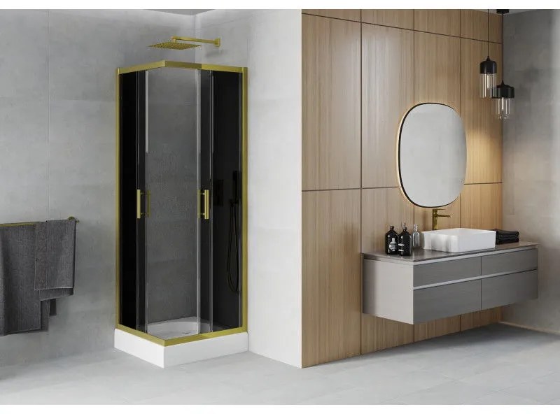 Mexen Rio, čtvercový sprchový kout s posuvnými dveřmi 80 (dveře) x 80 (dveře) x 190 cm, 5mm šedé sklo, zlatý profil + bílá sprchová vanička RIO, 860-080-080-50-40-4510