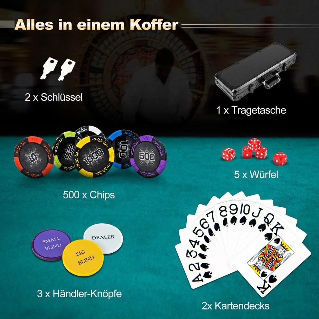 Costway Pokerová sada s 500 laserovými žetony a 2 hracími kartami a 5 kostkami