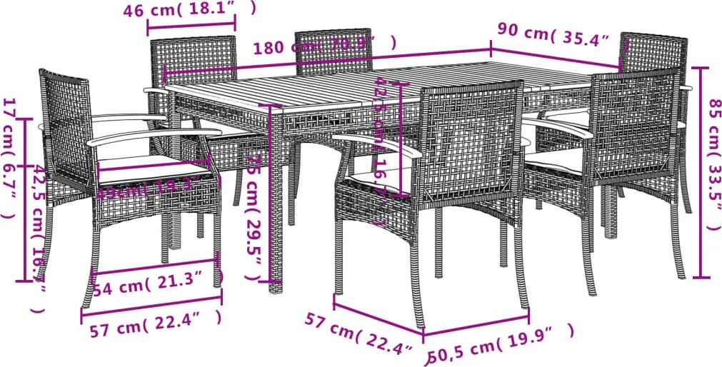 vidaXL 7dílný zahradní jídelní set s poduškami šedý polyratan [3213573]